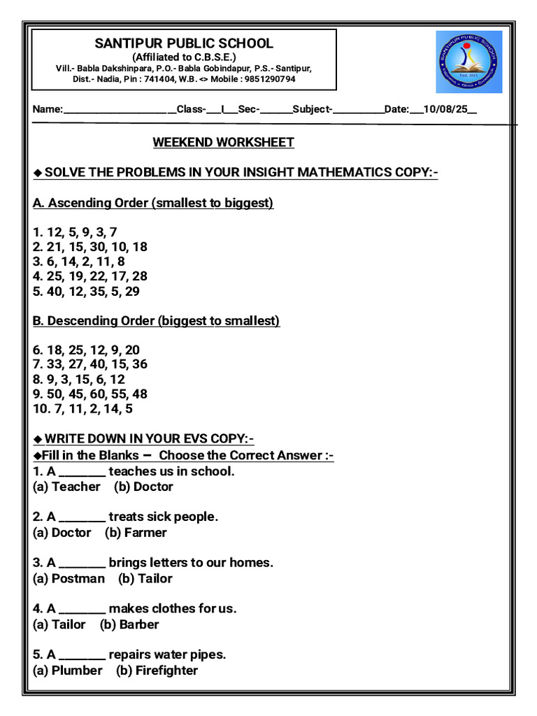 Weekend Math and EVS Worksheet | PDF