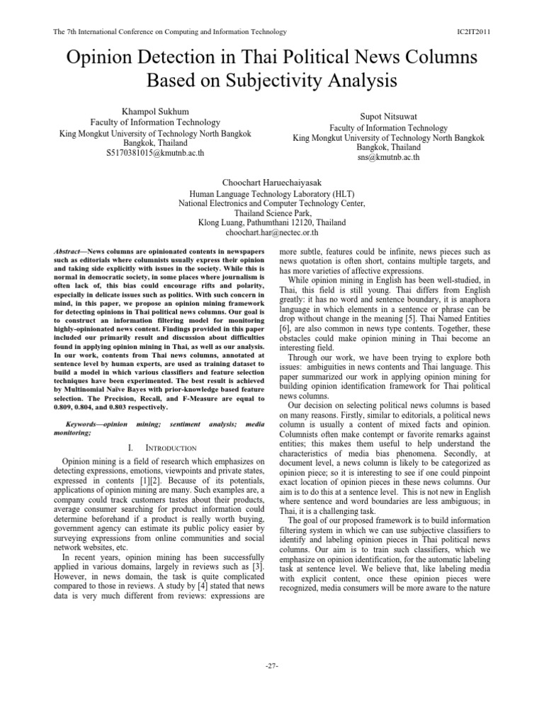 Opinion Detection in Thai Political News Columns | PDF | Semiotics ...