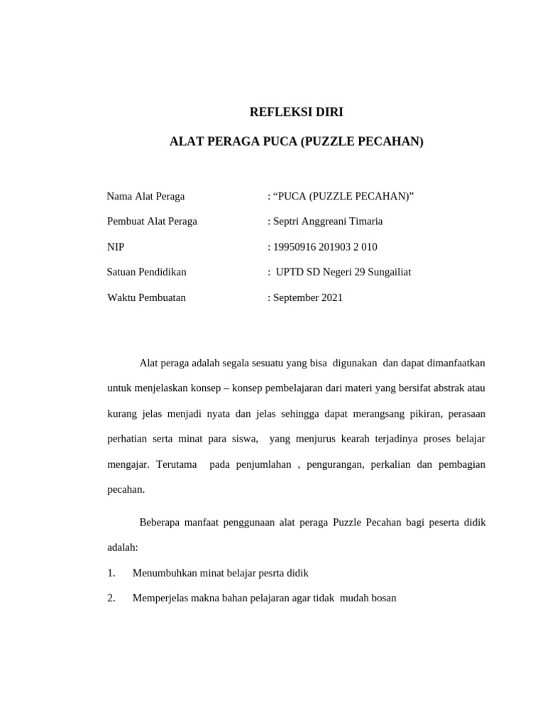 Refleksi Alat Peraga Puzzle Pecahan - Septri Anggreani Timaria | PDF