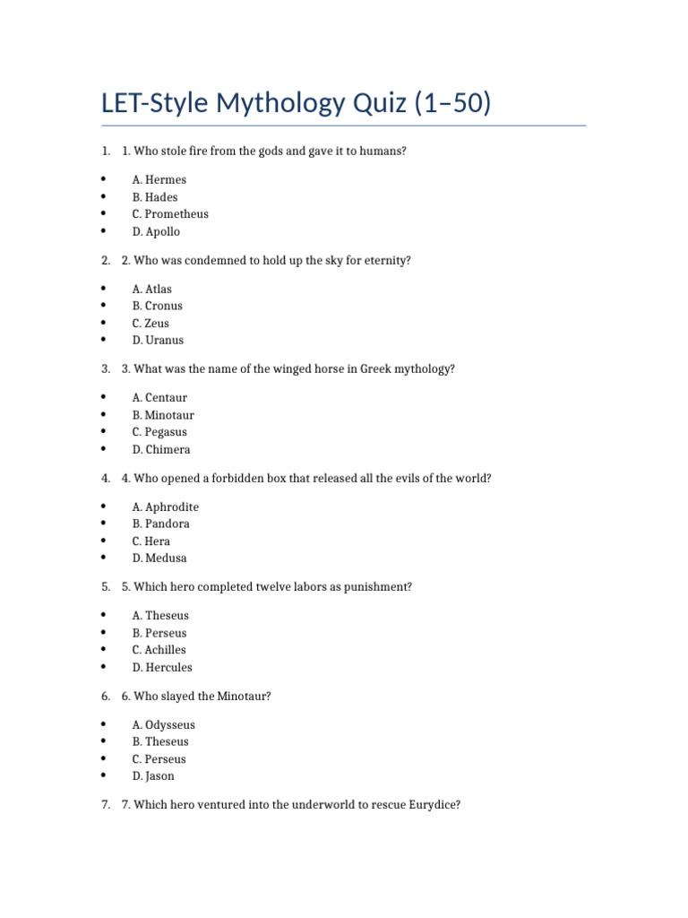 Mythology Quiz: 50 Questions & Answers | PDF | Greek Mythology | Hades