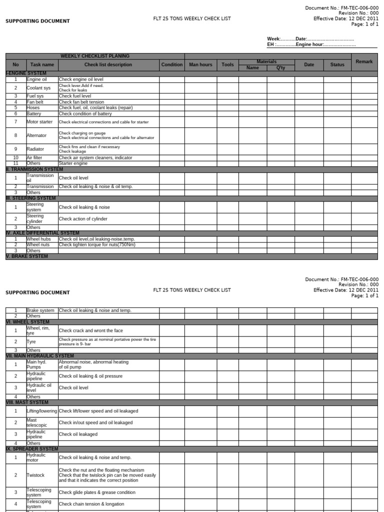 Fm-Tec-006-000 FLT 20 Tons Weekly Check List | PDF | Engines ...