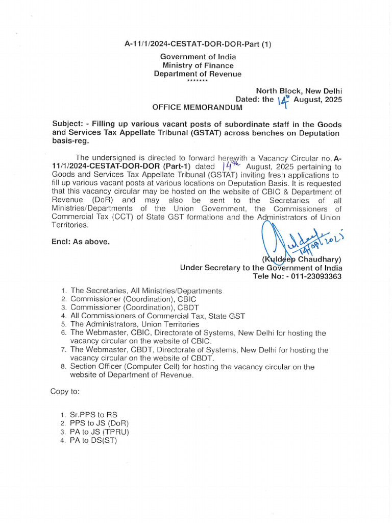 Vacancy Circular Dated 14.08.2025 of GSTAT | PDF