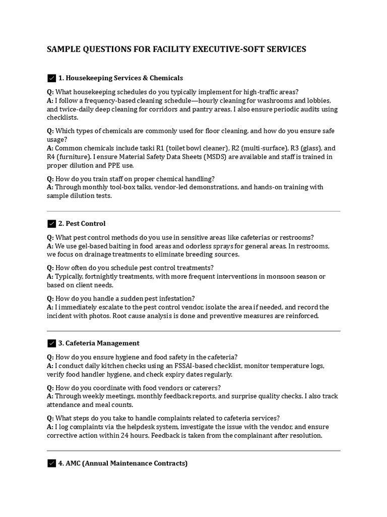 Facility Executive Interview Questions | PDF | Pest Control | Housekeeping