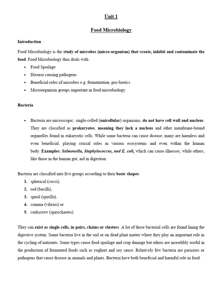 Unit - 1 Food Microbiology | PDF | Yeast | Bacteria