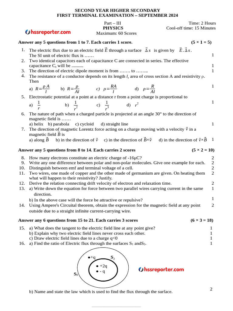 Plus Two Physics QP-First Terminal Exam 2024 - Hssreporter - Com | PDF