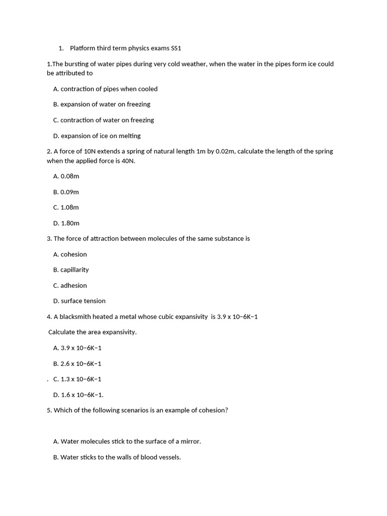 SS1 Physics Exam Questions & Answers | PDF | Electric Current | Mass