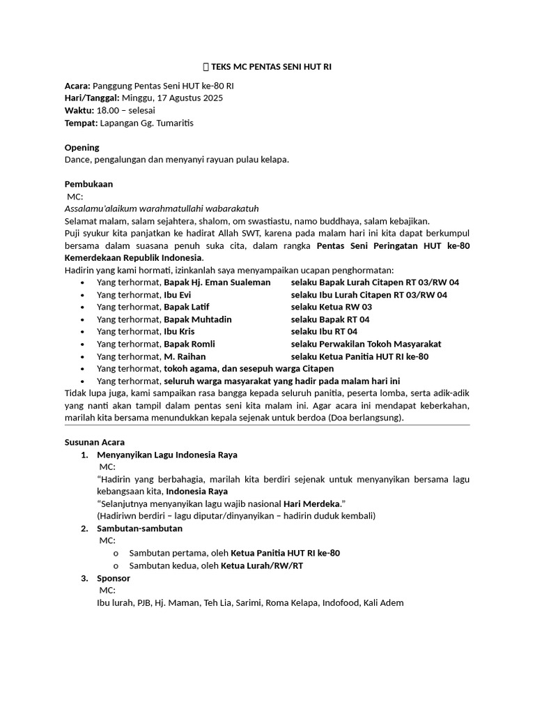 ? Teks Mc Pentas Seni Hut Ri | PDF
