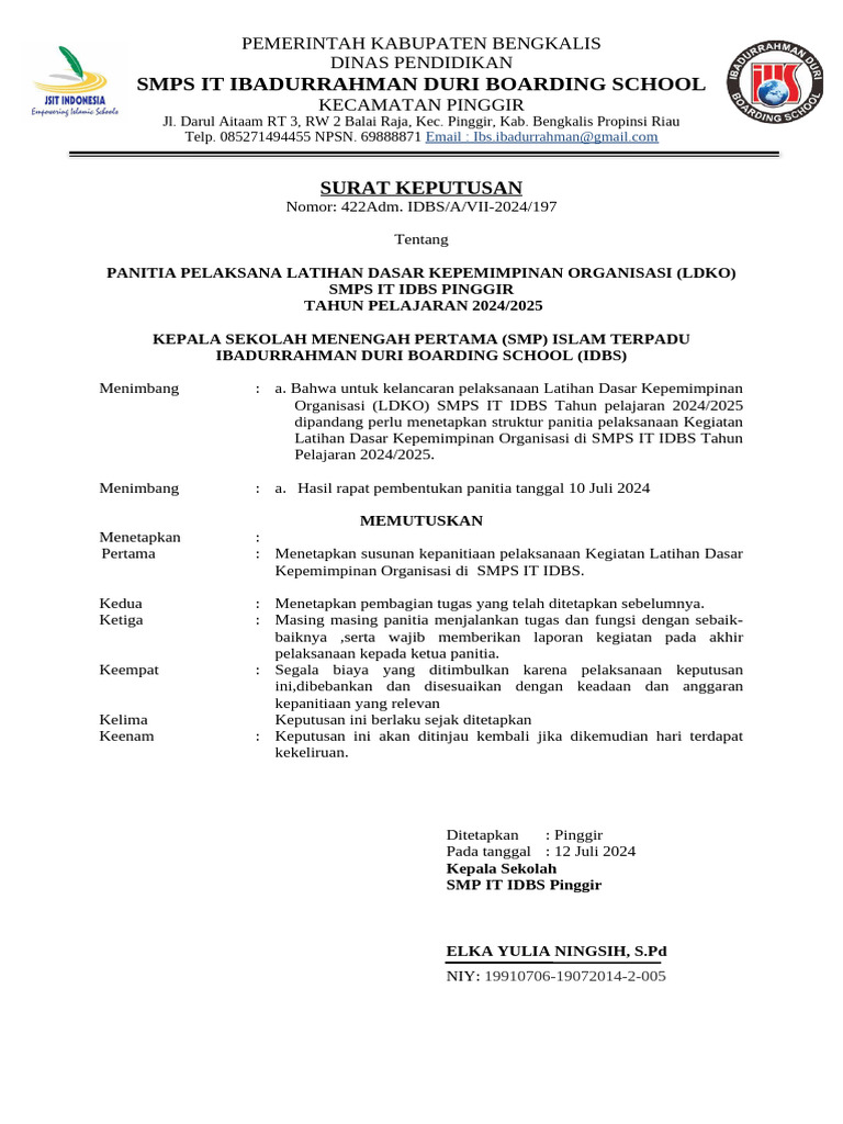 Struktur Panitia LDKO SMPS IT IDBS 2024 | PDF