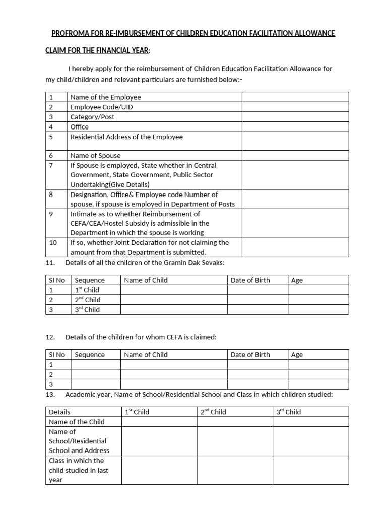 GDS Children Education Allowance Claim Form | PDF