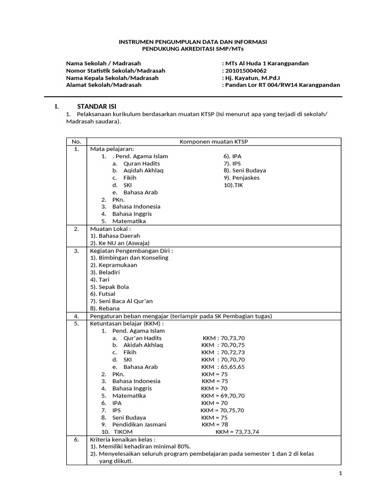 Instrumen Akreditasi Mts Al Huda | PDF