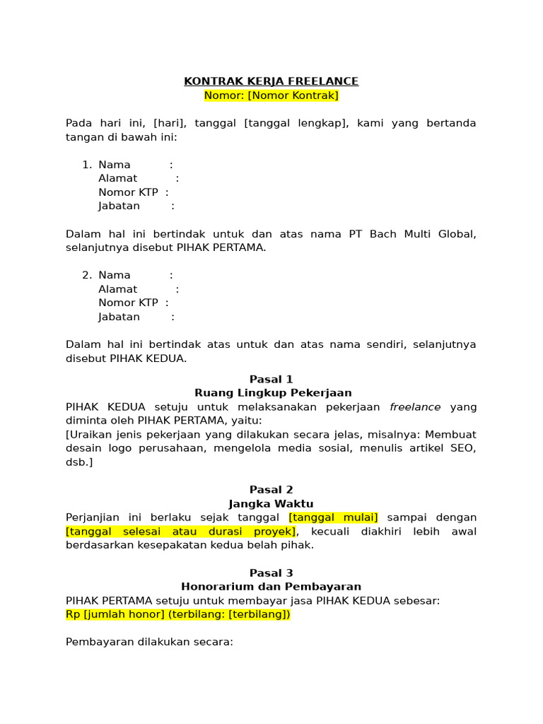 Draft Kontrak Kerja Freelance | PDF