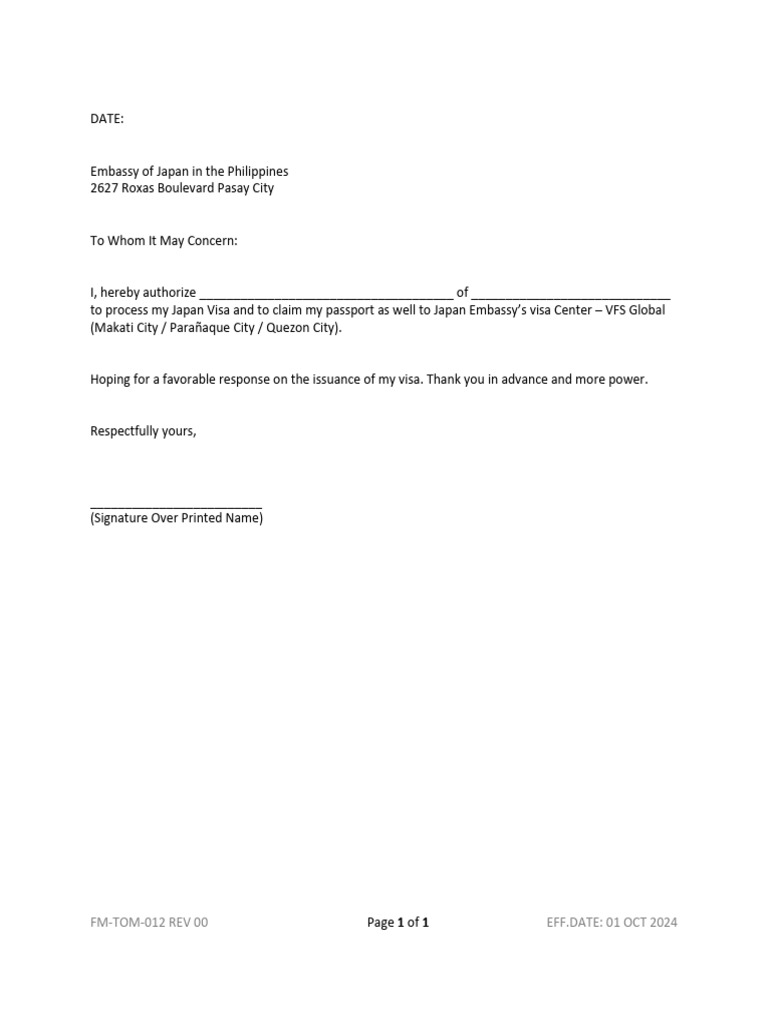 Japan Visa Authorization Letter | PDF