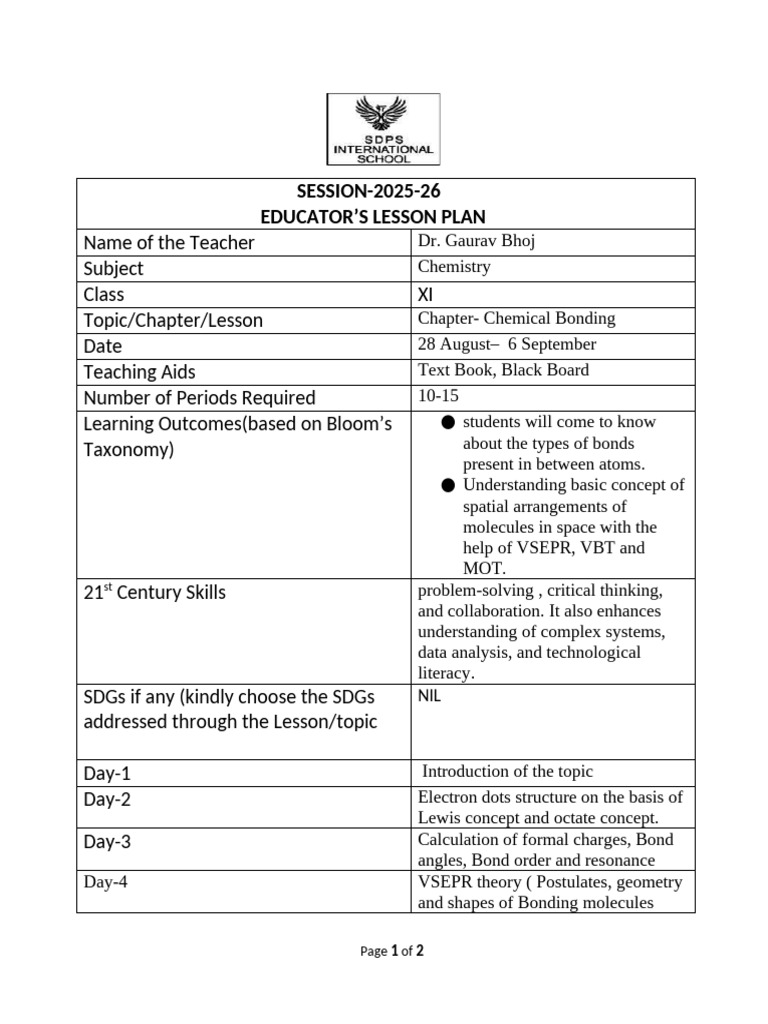 Chemical Bonding Lesson Plan | PDF | Chemical Bond | Molecules