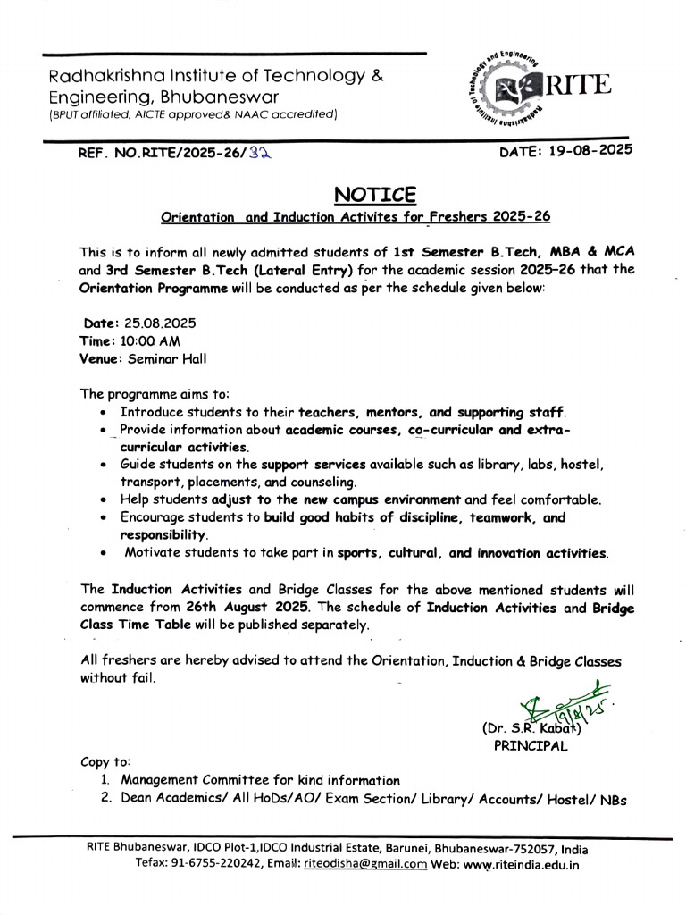 Notice-Orientation and Induction Activities for Freshers 2025-26 | PDF
