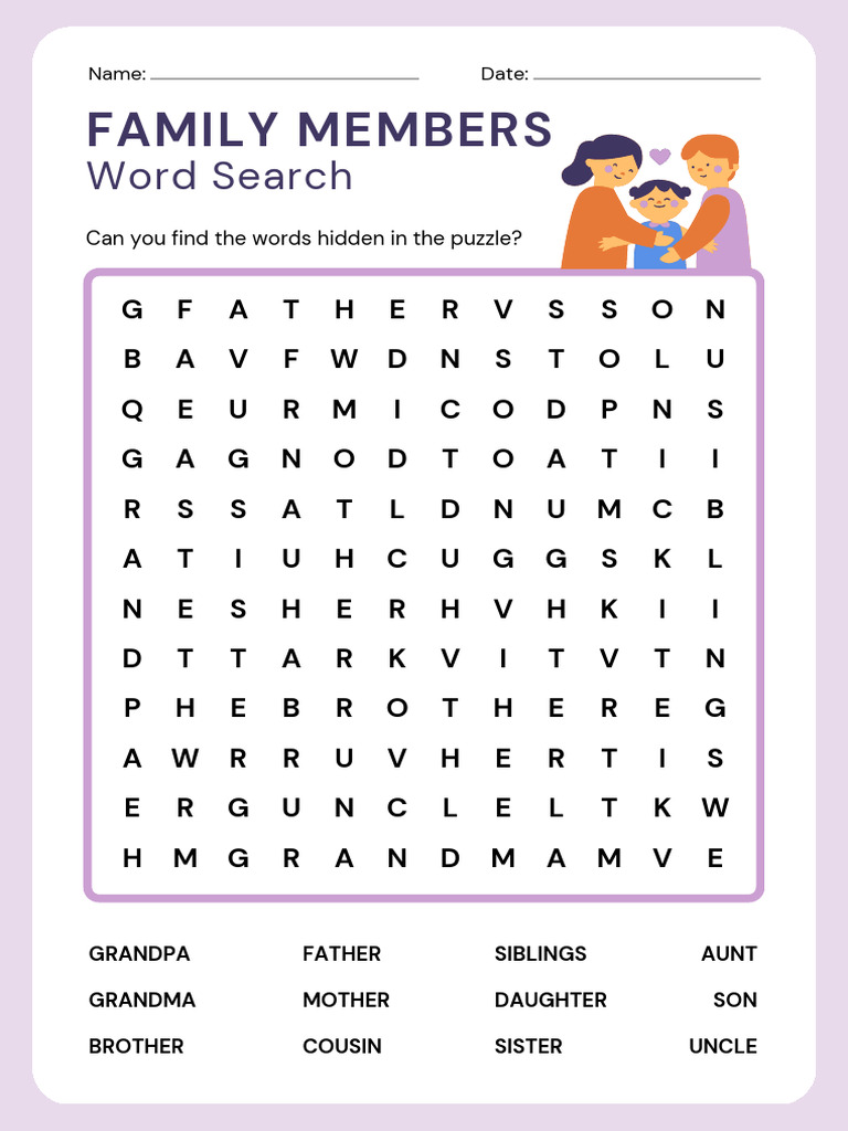 Family Members Word Search Worksheet in Colorful Simple Style | PDF