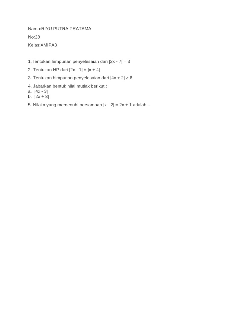 Tugas Matematika 5soal Konsep Nilai Mutlak,Persamaan Nilai Mutlak Dan Pertidaksamaan Nilai ...