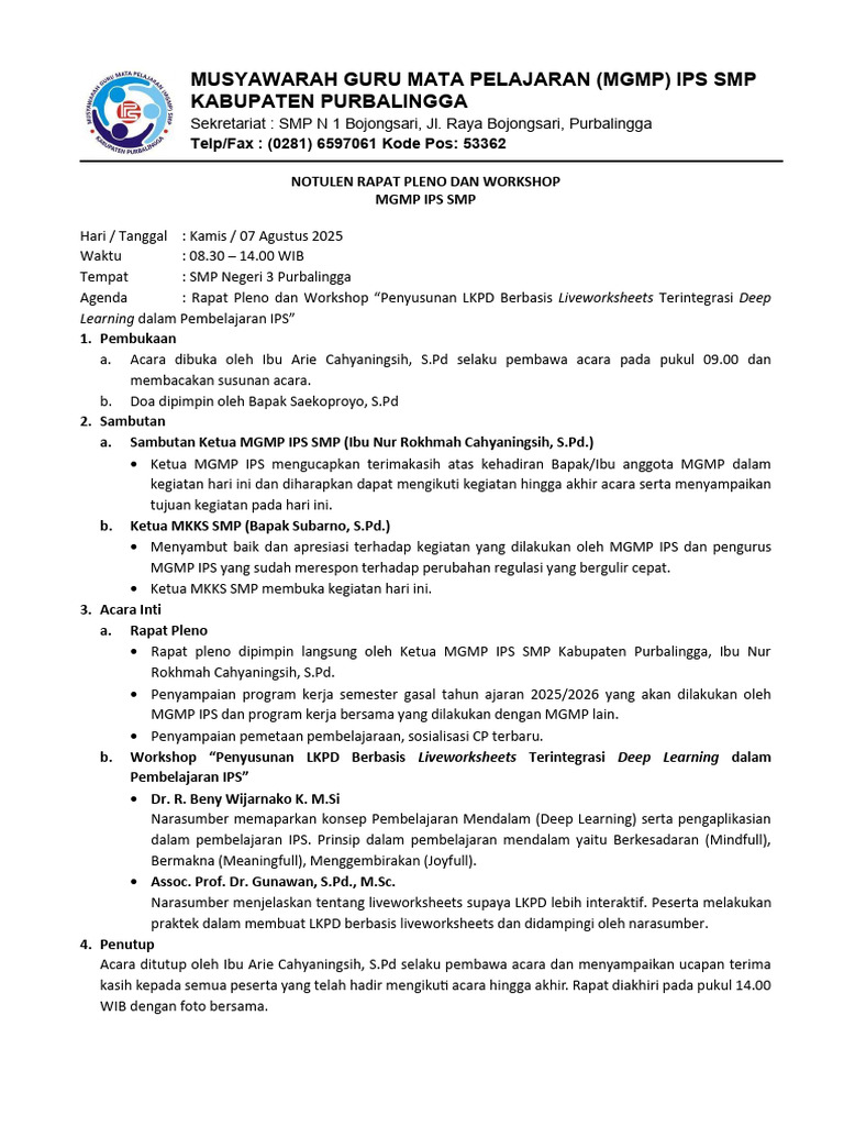 Notulen Rapat Pleno Dan Workshop | PDF