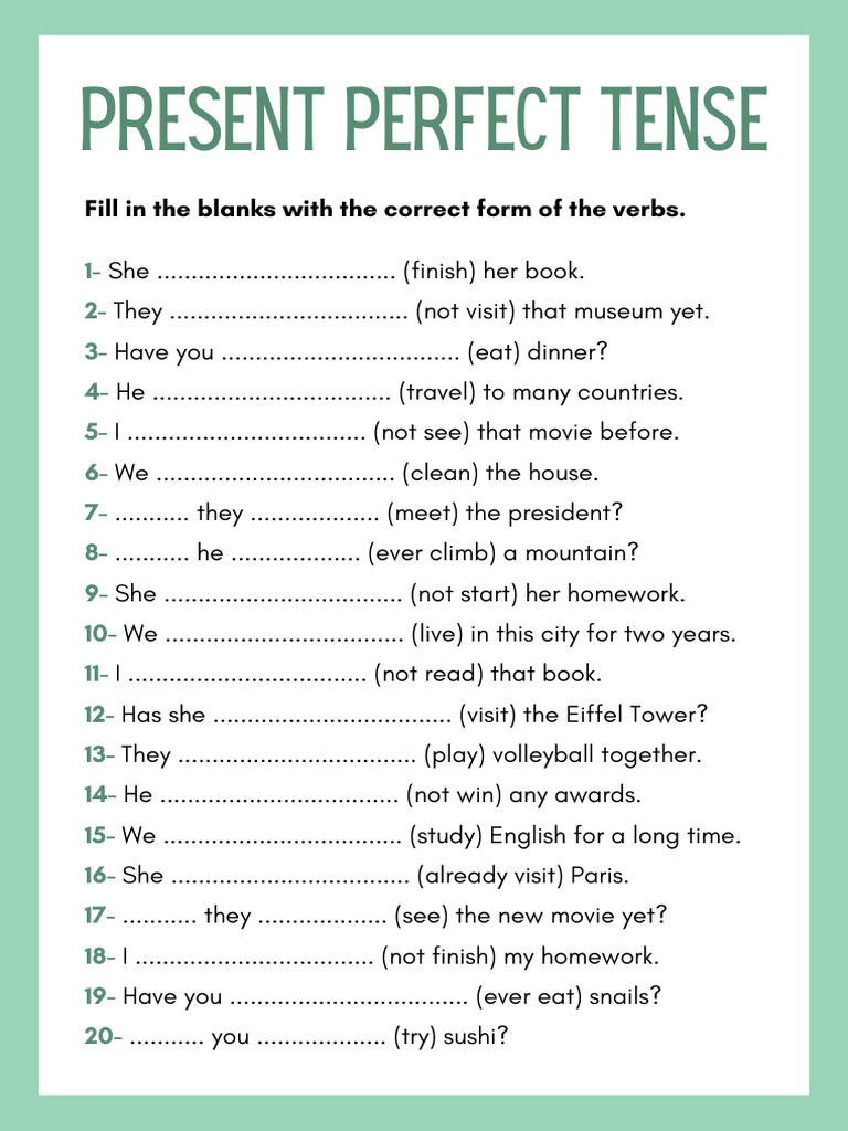 Present Perfect Tense Worksheet in Green White Basic Style | PDF