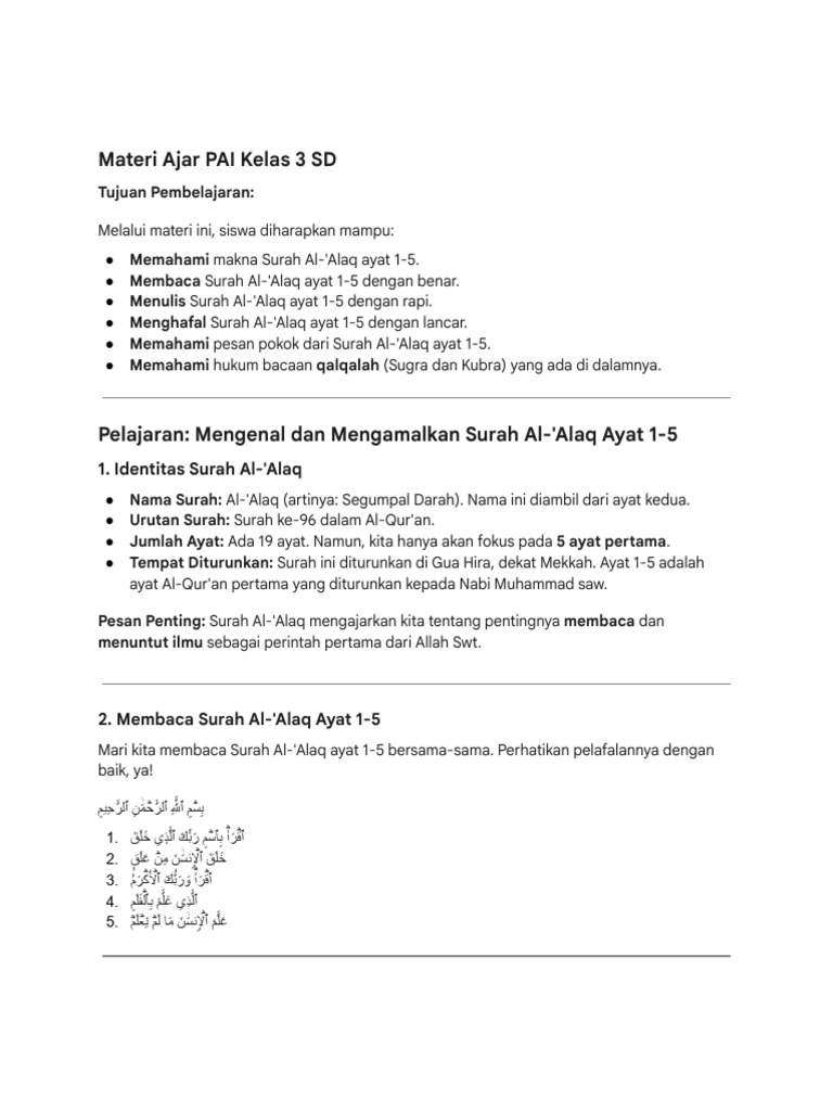 Materi Ajar Qs Al-'Alaq 1-5 | PDF