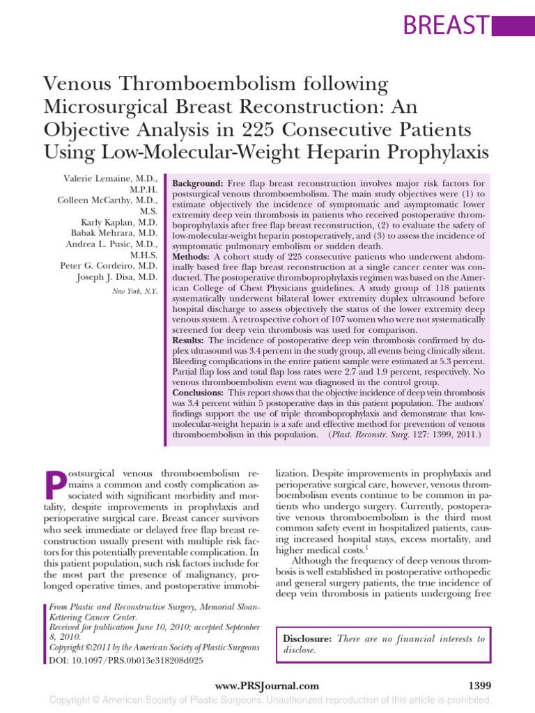 Venous Thromboembolism Following Microsurgical Breast Reconstruction ...