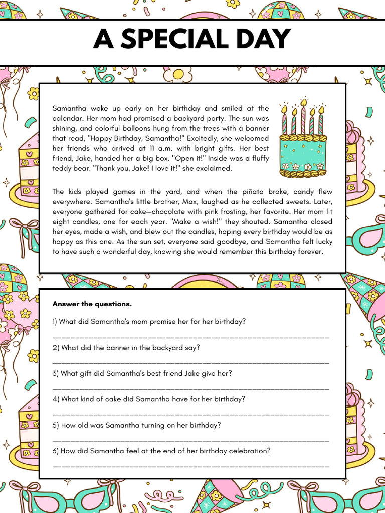 Samantha's Birthday Celebration Comprehension | PDF | Birthdays
