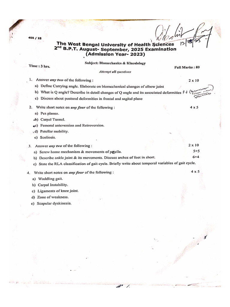 BPT 2ND YEAR WBUHS All PAPER PYQ | PDF