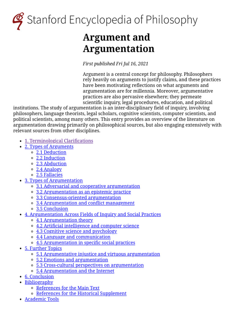 Argument and Argumentation (Stanford Encyclopedia of Philosophy) | PDF ...