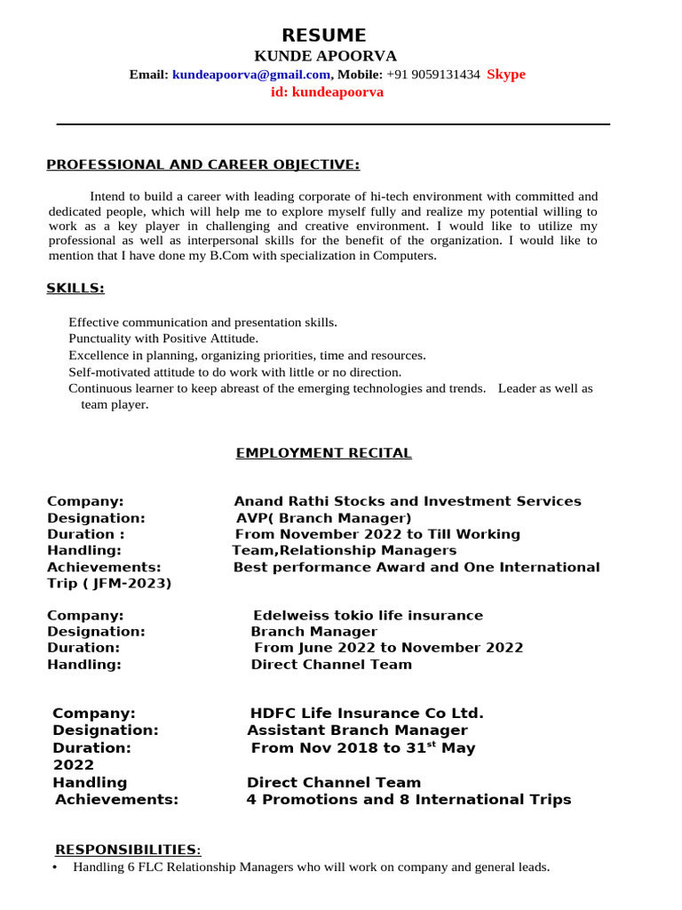 Resume: Kunde Apoorva | PDF | Business