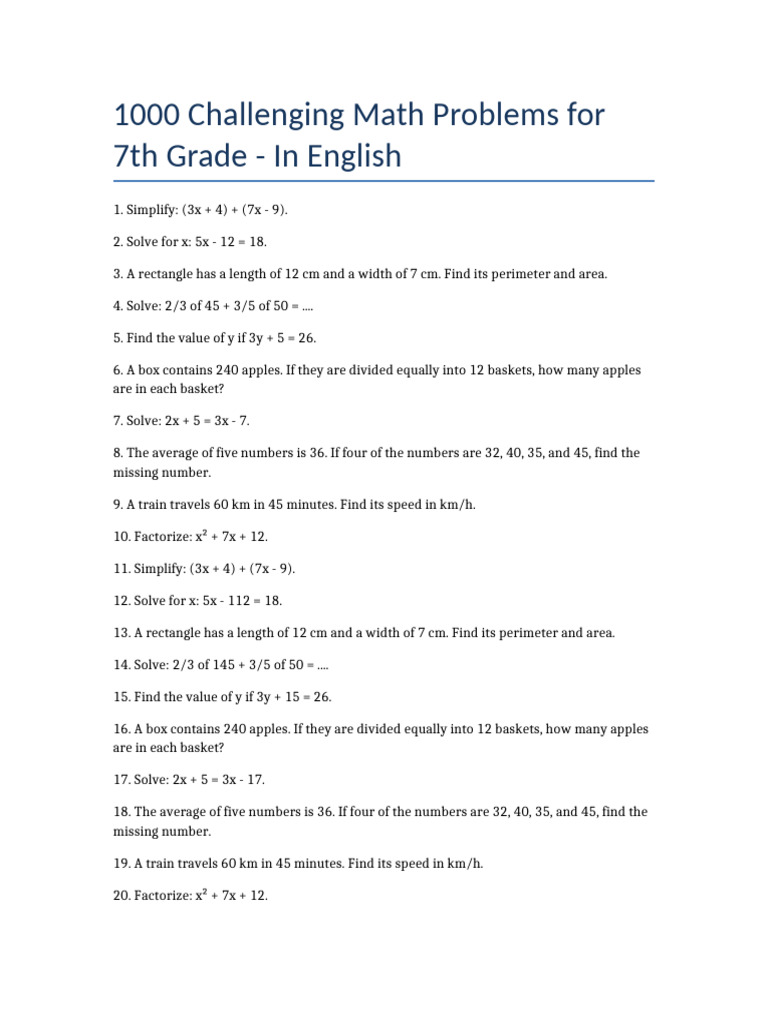 1000 Challenging Math Problems 7th Grade English | PDF | Area | Length