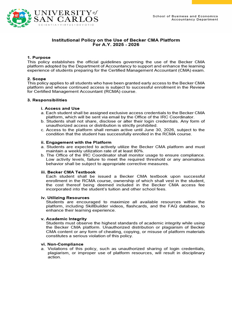 Institutional Policy On The Use of The Becker CMA Platform Signed | PDF ...