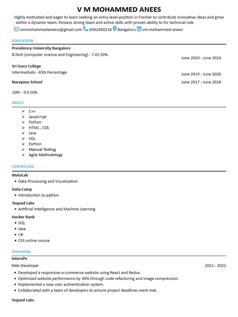Capgemini Resume for Freshers | PDF | Machine Learning | Artificial ...