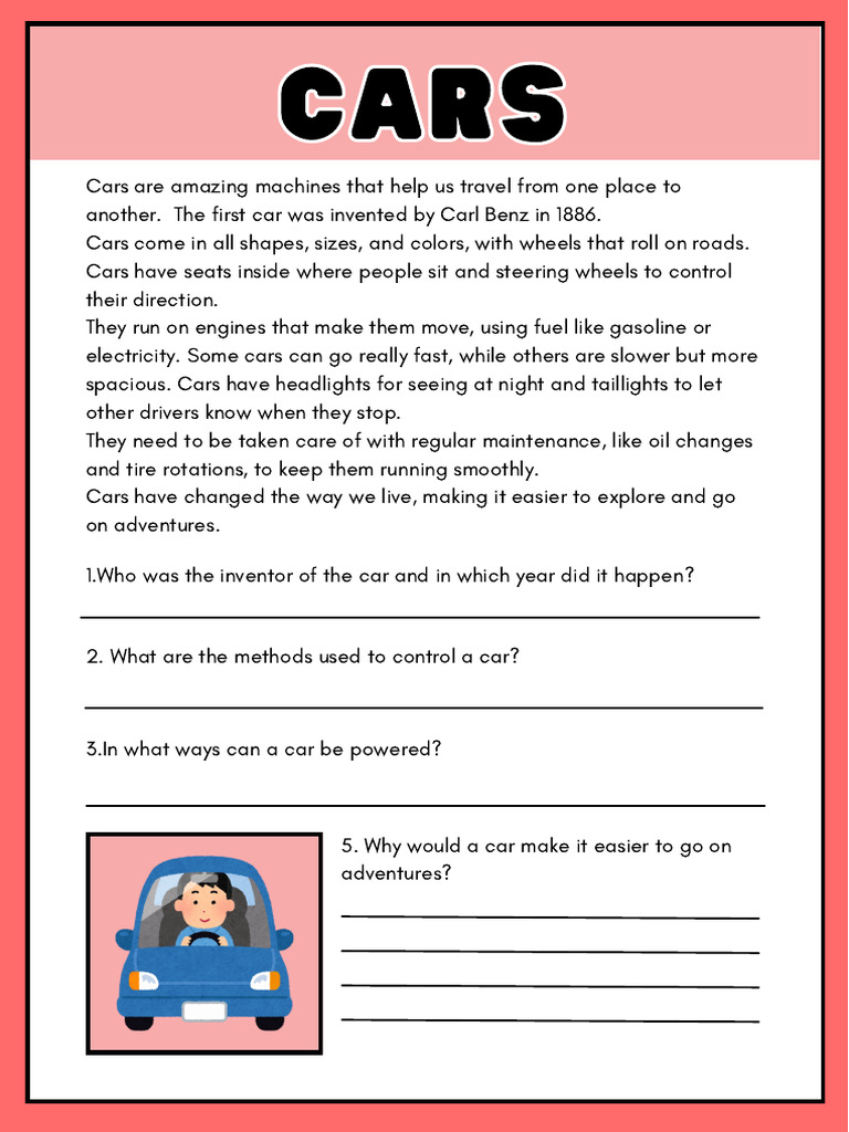 Cars Comprehension Worksheet in Red Illustrative Style | PDF