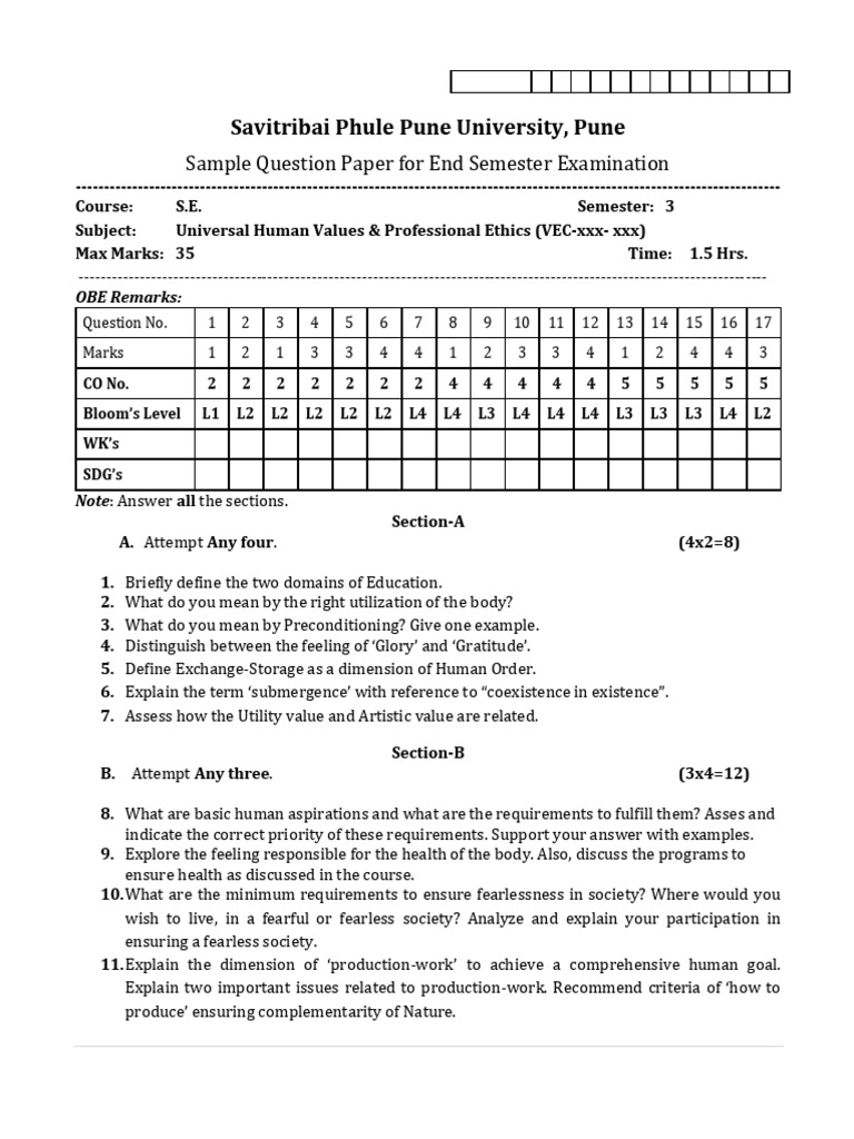 SPPU Sample Question Paper of UHVPE | PDF