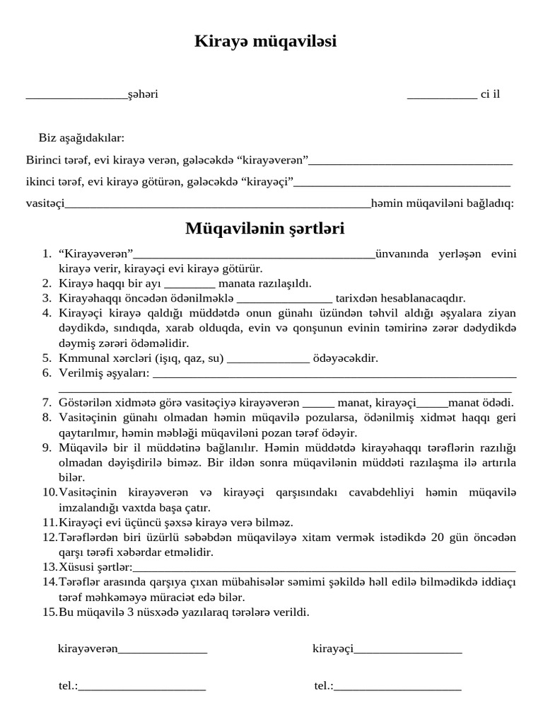 Kiraye Muqavilesi | PDF