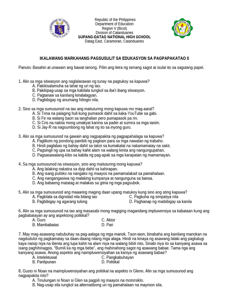 ESP 8 2nd Quarter Exam | PDF