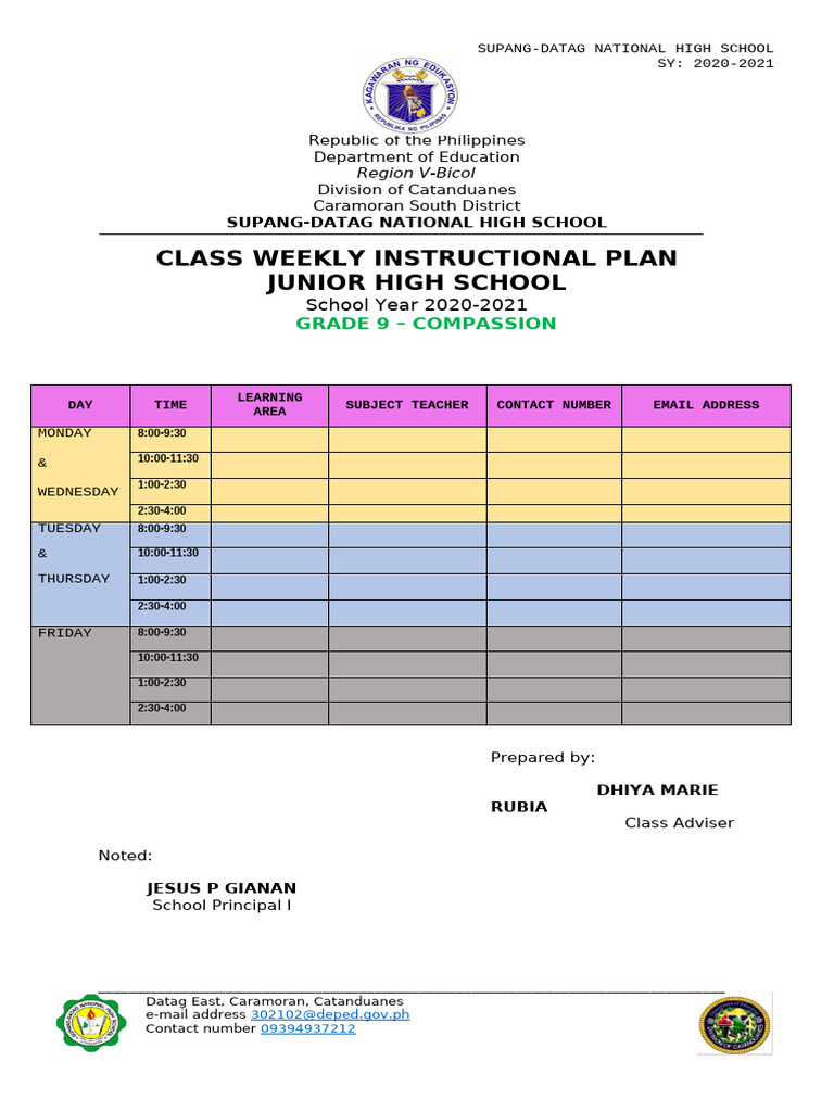 Final Template Class Weekly Plan JHS | PDF