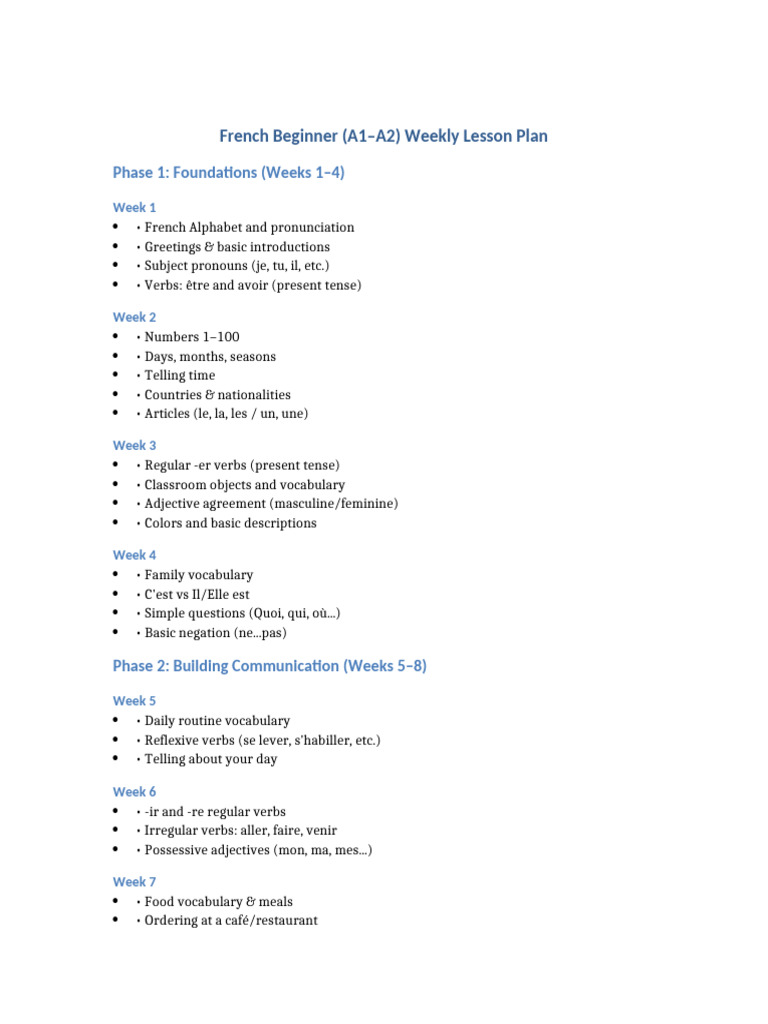 A1 French Lesson Plan Overview | PDF | Verb | Semantic Units