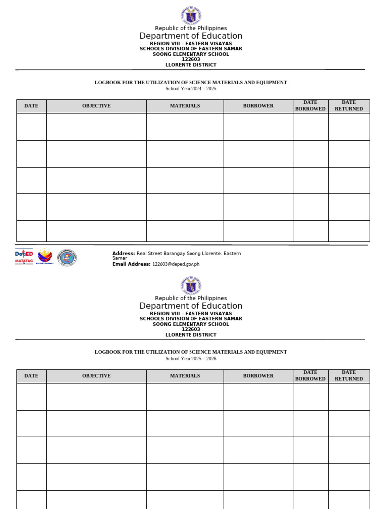 Soong Elementary School Equipment Logbook | PDF | Philippines