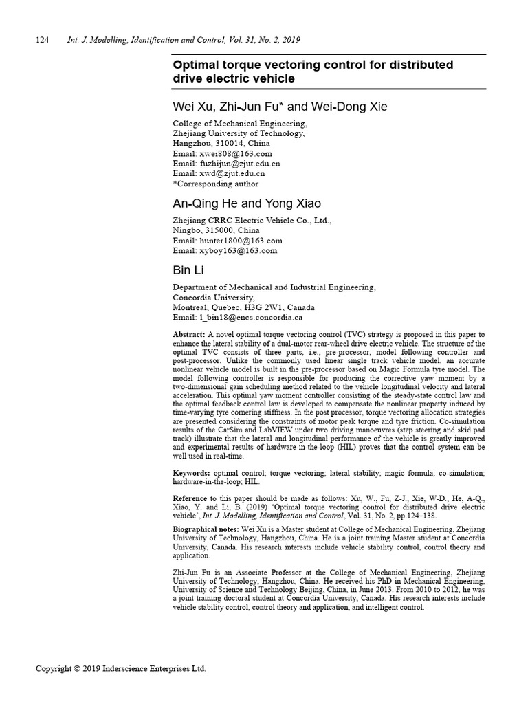 19 Optimal Torque Vectoring Control For Distributed Drive Electric ...