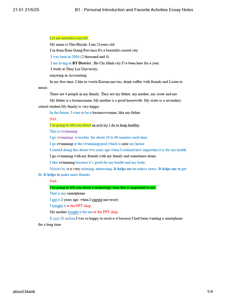 B1 - Personal Introduction and Favorite Activities Essay Notes | PDF ...