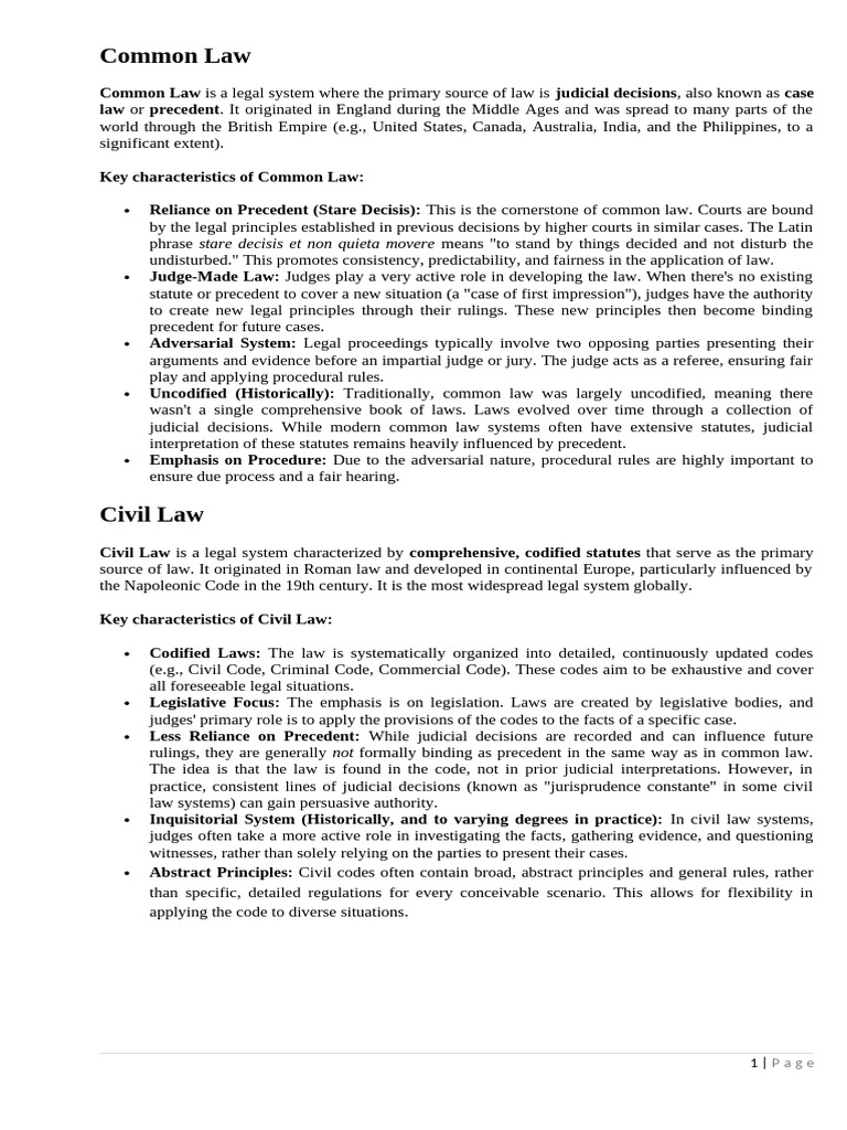 Common Vs Civil Law Key Differences Pdf Precedent Civil Law