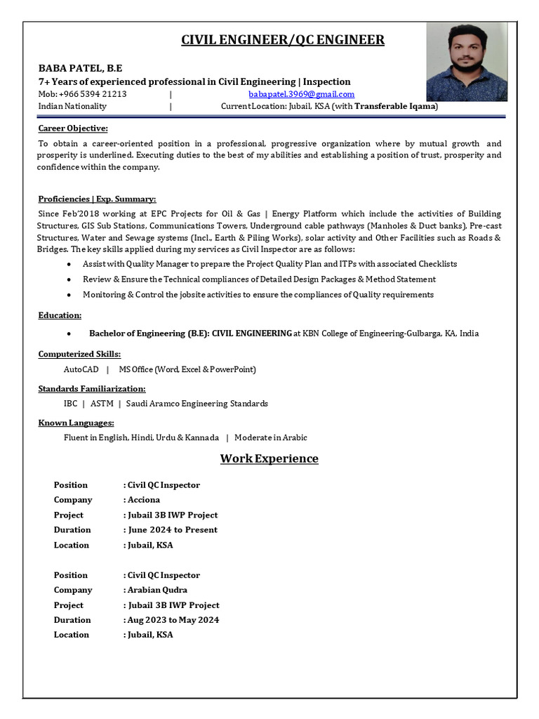 Civil QC Engineer Resume - 7+ Years Experience | PDF | Concrete | Road ...