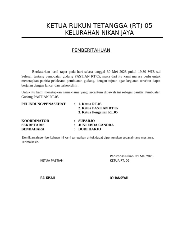 Panitia Pembuatan Gudang RT 05 Nikan Jaya | PDF