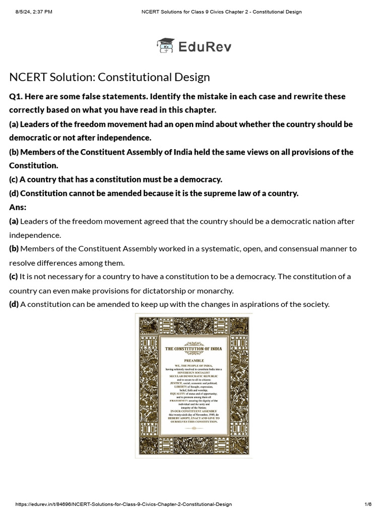 NCERT Solutions For Class 9 Civics Chapter 2 - Constitutional Design | PDF | Constitution ...