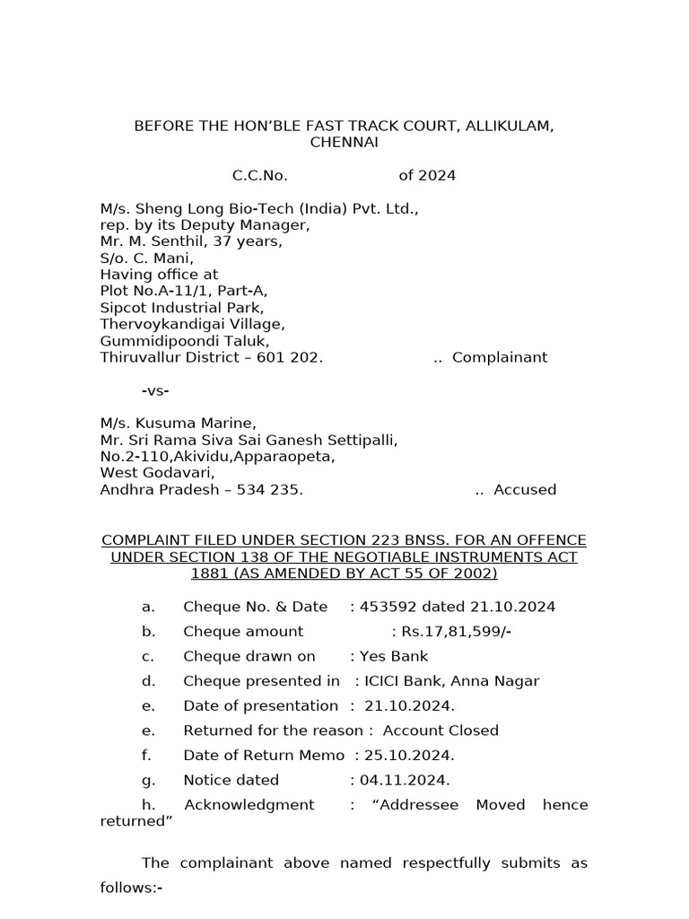 138 Complaint Kusuma Marine | PDF | Cheque | Negotiable Instrument