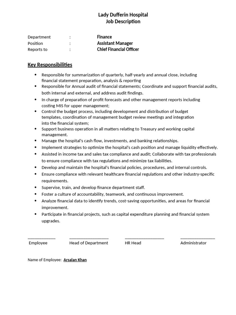Assistant Manager Finance Job Description | PDF
