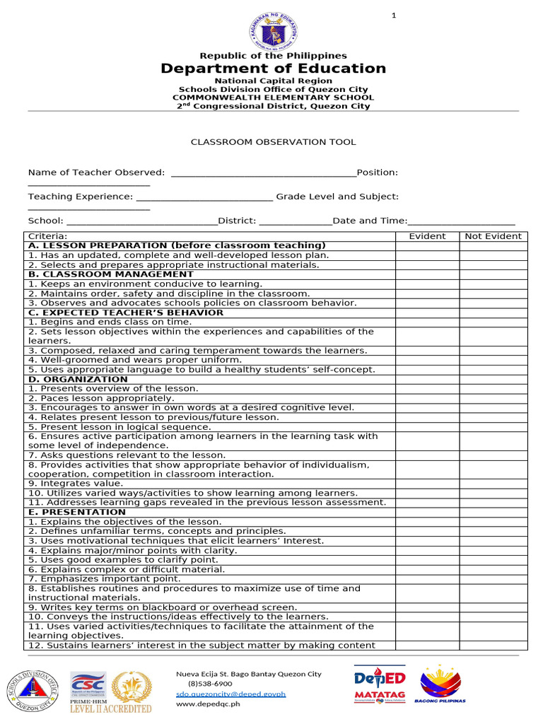 Classroom Observation Tool | PDF | Learning | Educational Assessment
