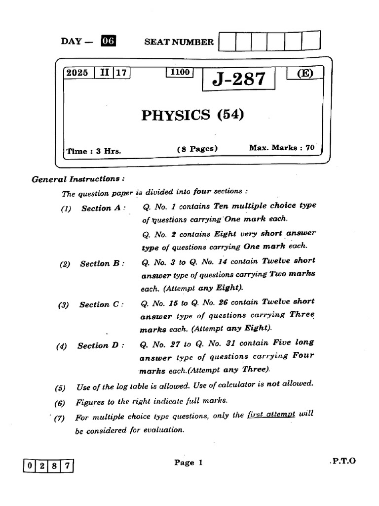 HSC 2025 Physics Question Paper | PDF