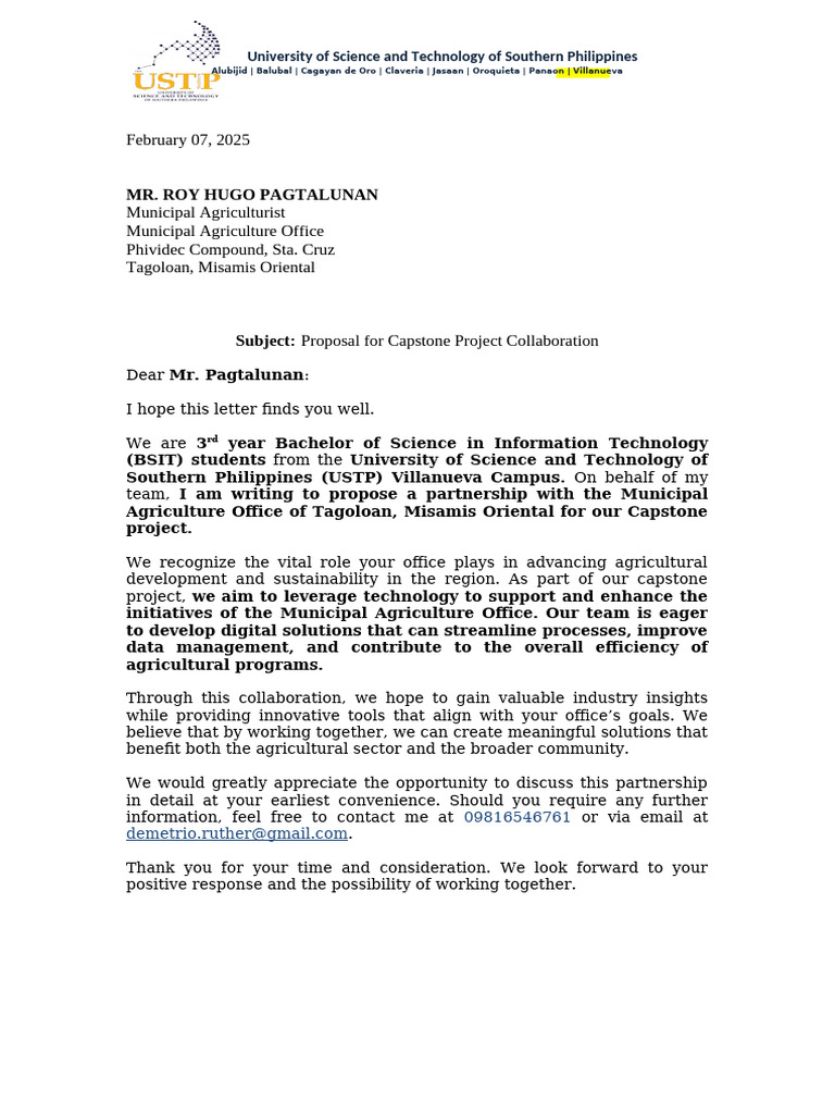 Capstone Project Proposal Letter Department of Agriculture Tagoloan 1 | PDF
