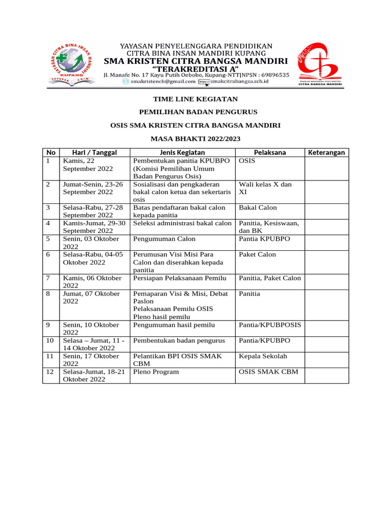 Timeline Pemilihan OSIS SMAK CBM 2022 | PDF